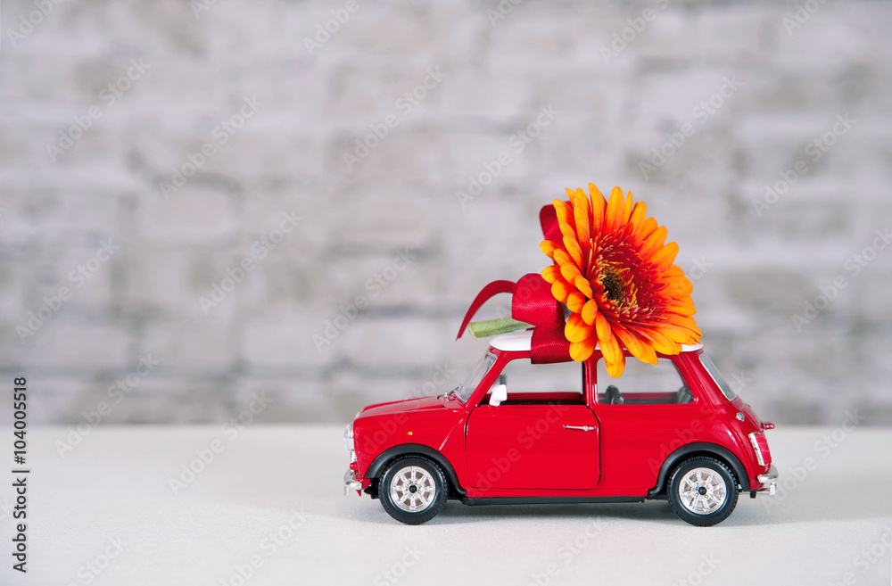 Kleines rotes Auto mit Blume auf dem Dach Stock-Foto | Adobe Stock