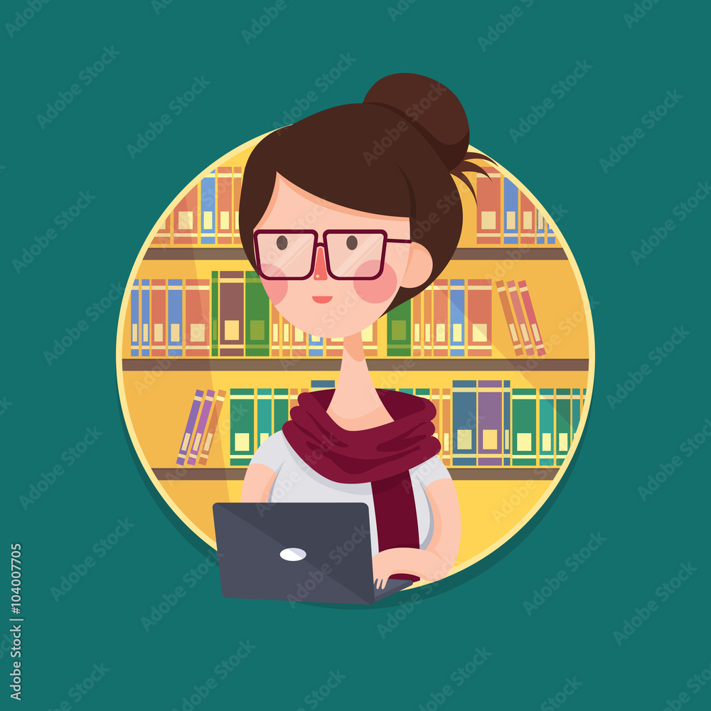 Vector Illustration of a College Girl Student Studying in Library ...