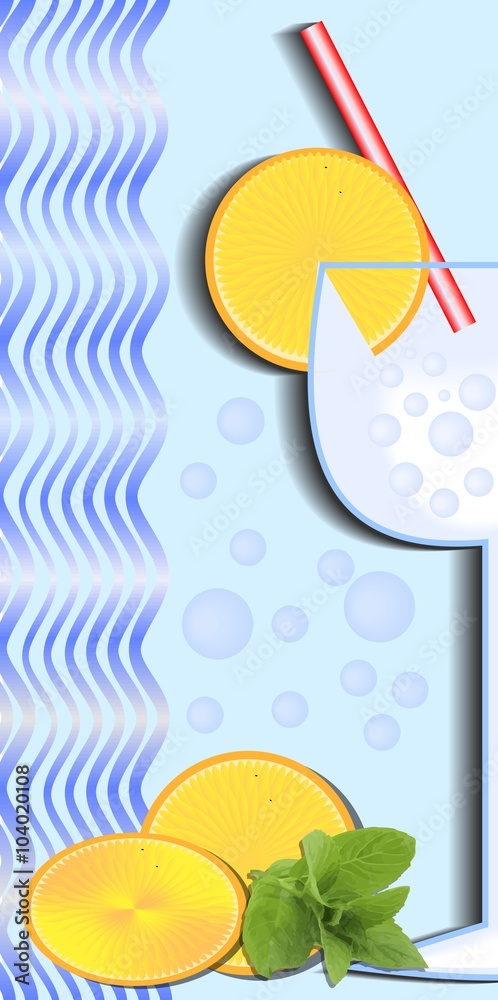 Cold drink poster with glass, red straw, orange slices and mint sprig ...
