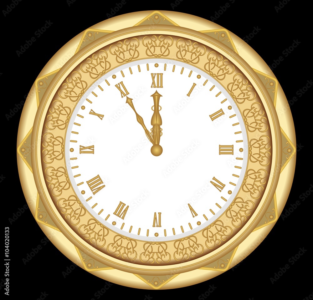Ancient clock of the yellow metal with ornaments and roman numerals ...