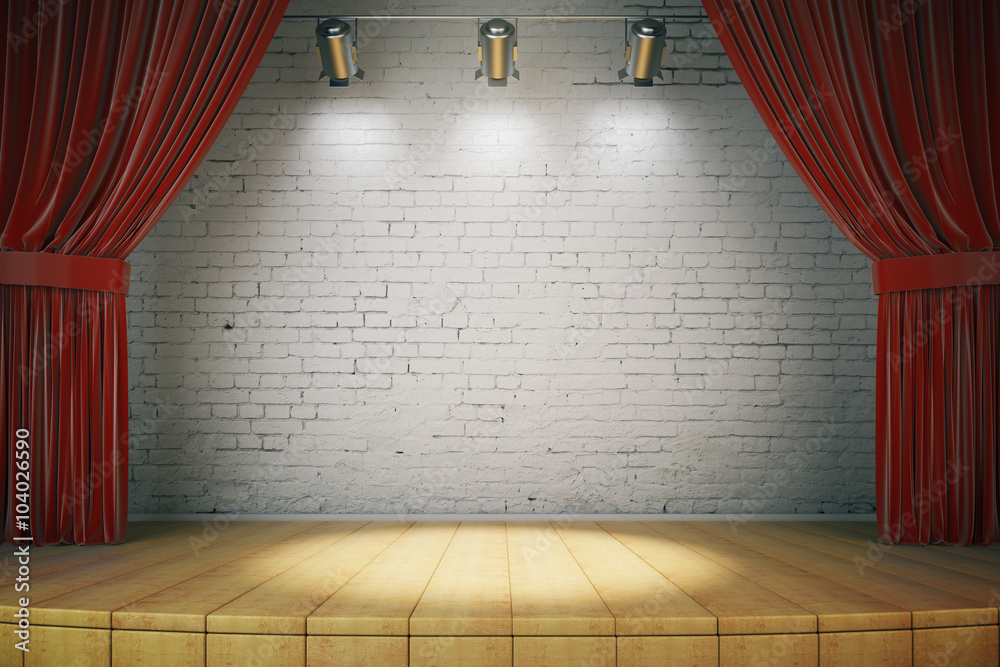 Wooden stage with red curtains and a white brick wall with spotl Stock ...