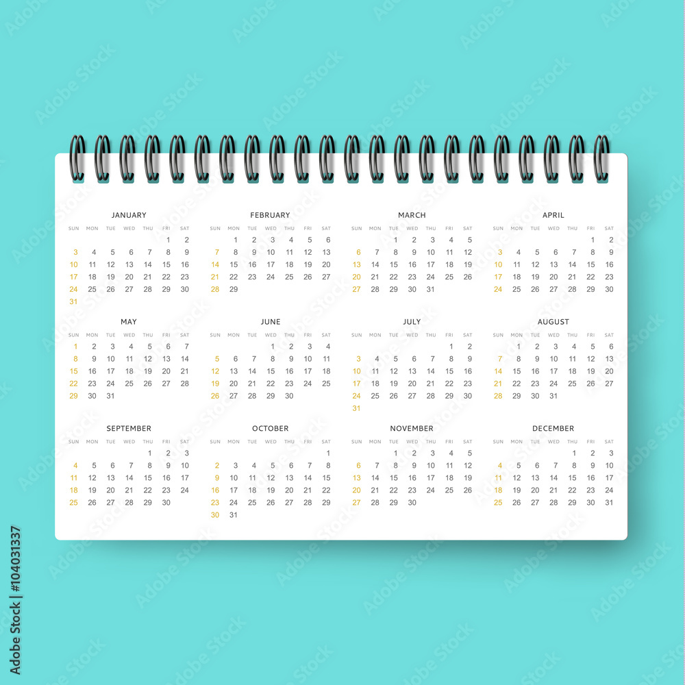 Realistic calendar. Calendar template in English in 2016 . Ready ...
