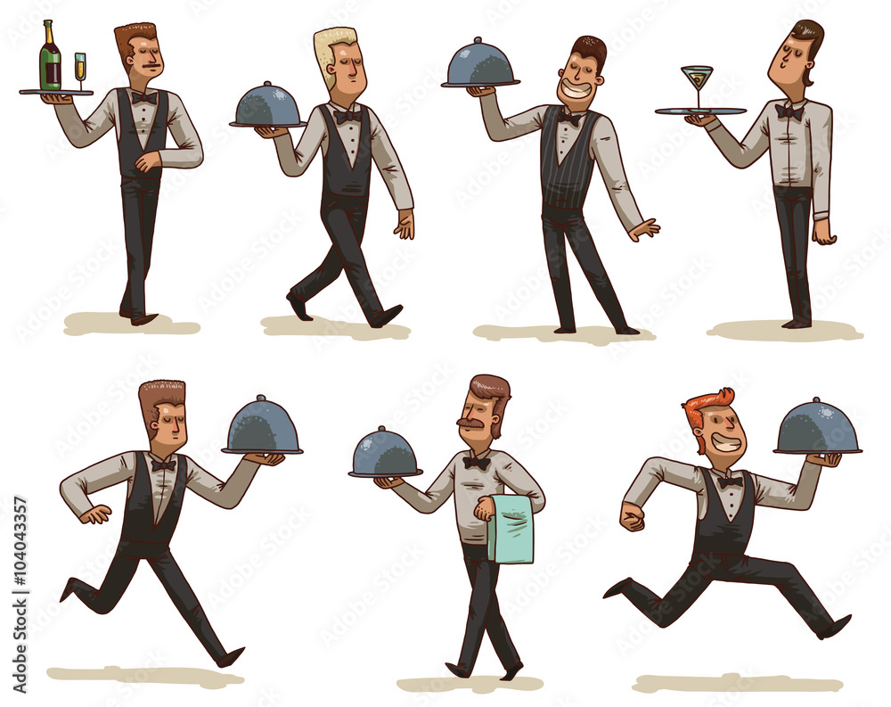 Vector cartoon image of a set of funny different waiters with a ...