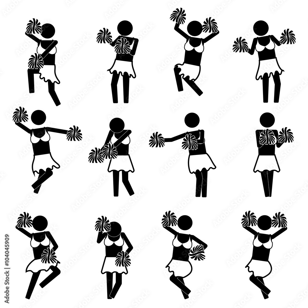 female cheerleader doing various move and gesture icon sign symbol ...