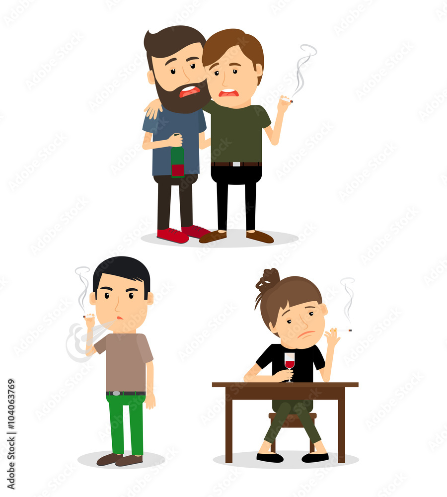 Cartoon Smoking Characters with Cigarettes. Sitting and standing ...