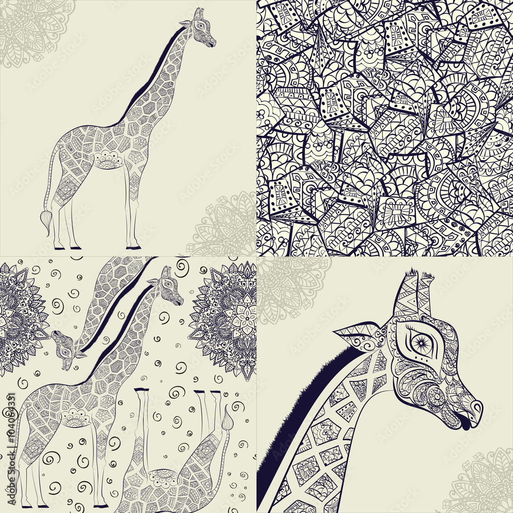 Beautiful adult Giraffe. Hand drawn Illustration of ornamental giraffe ...