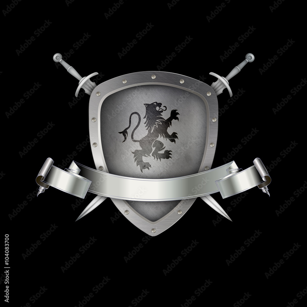 Medieval shield with silver ribbon,heraldic lion and swords. Stock ...