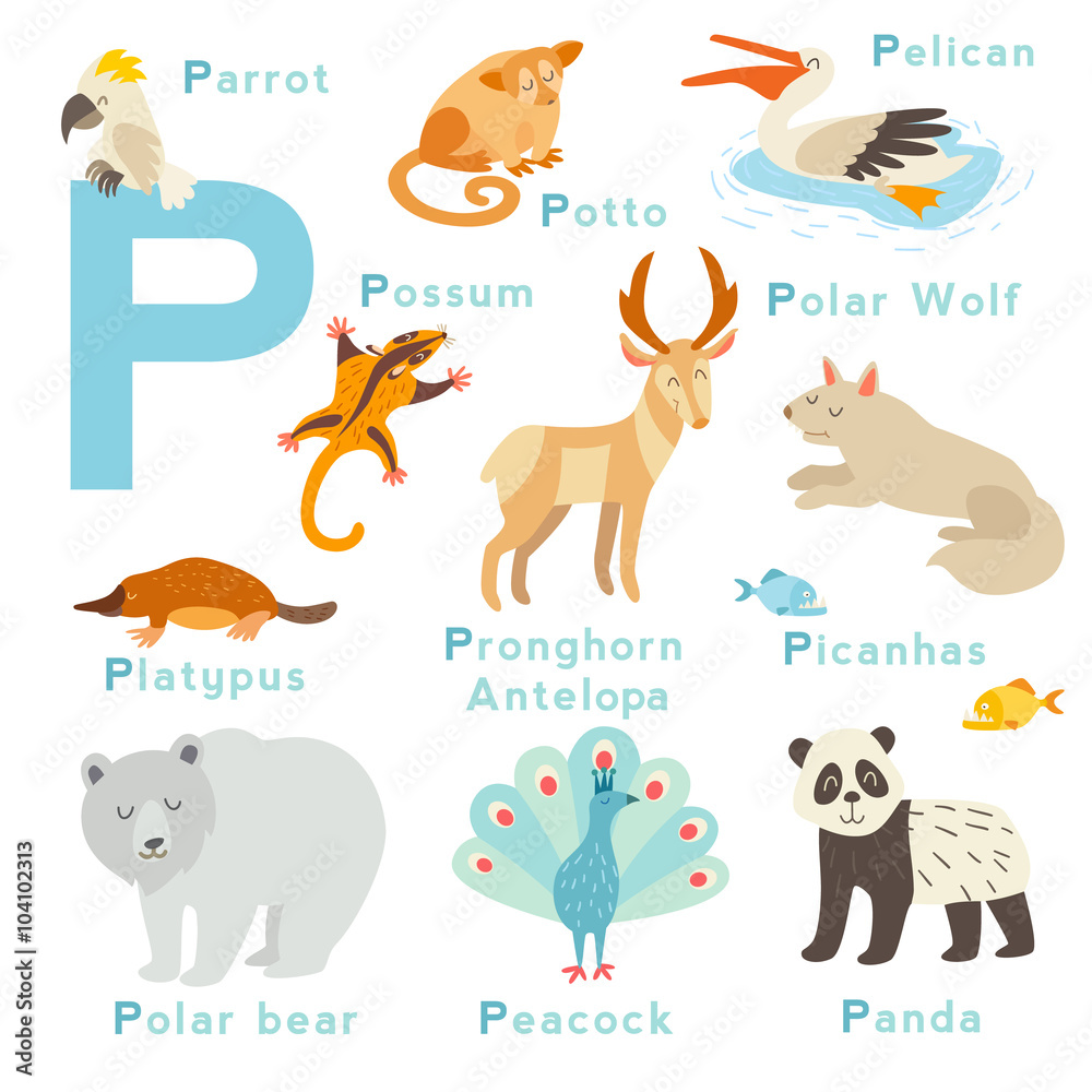 P letter animals set. English alphabet. Vector illustration, isolated ...