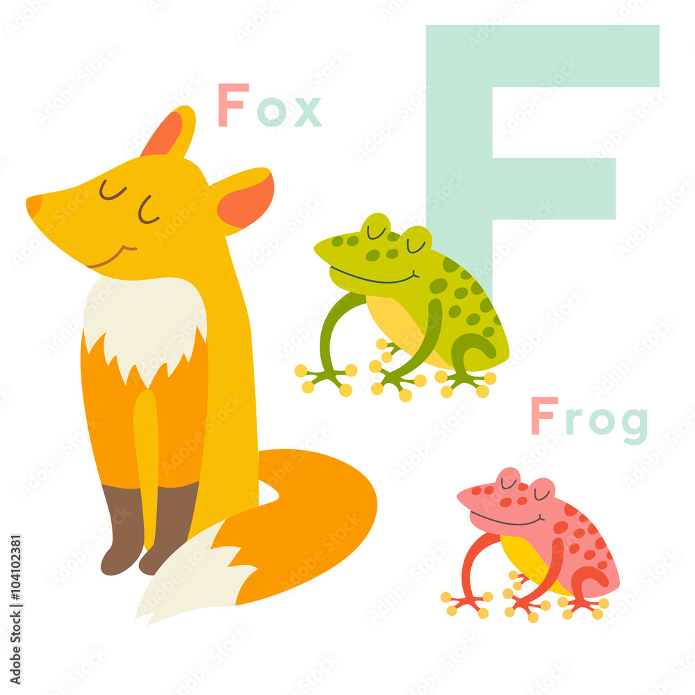 F letter animals set. English alphabet. Vector illustration, isolated ...