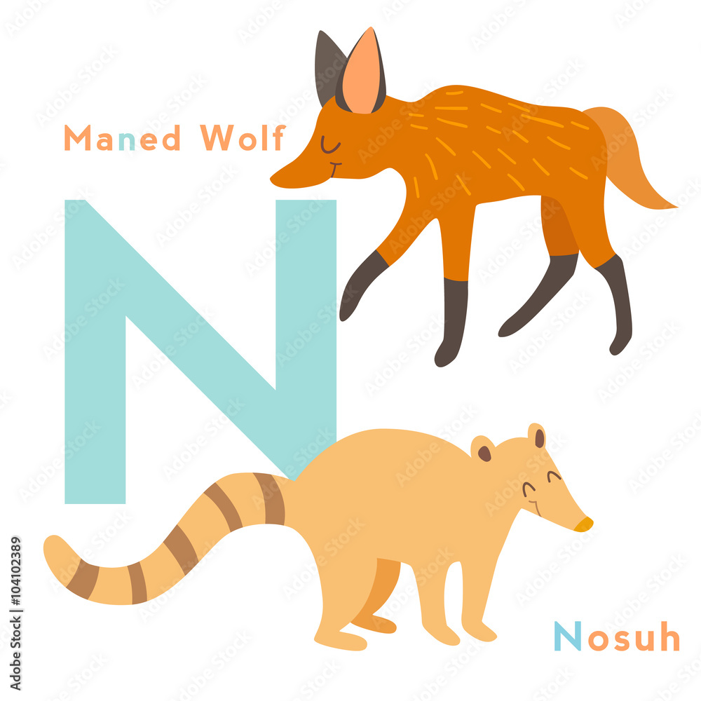 N letter animals set. English alphabet. Vector illustration, isolated ...