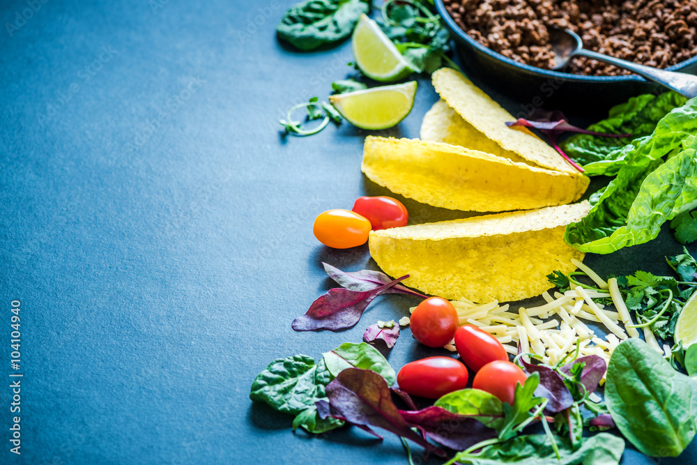 Mexican tacos, food border background recipe, overhead Stock Photo ...