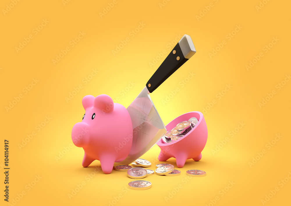 slashed Savings. A piggy bank cut in half with a butchers cleaver ...