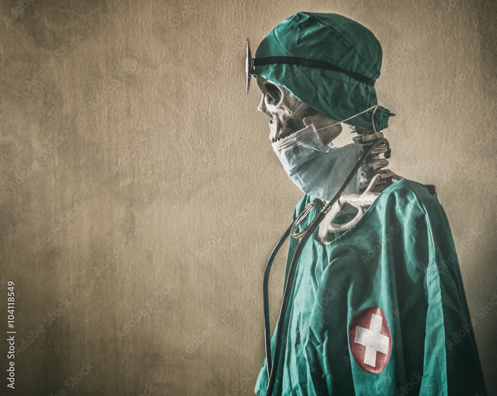 Skeleton Doctor Profile. A skeleton in doctor scrubs, hospital attire ...
