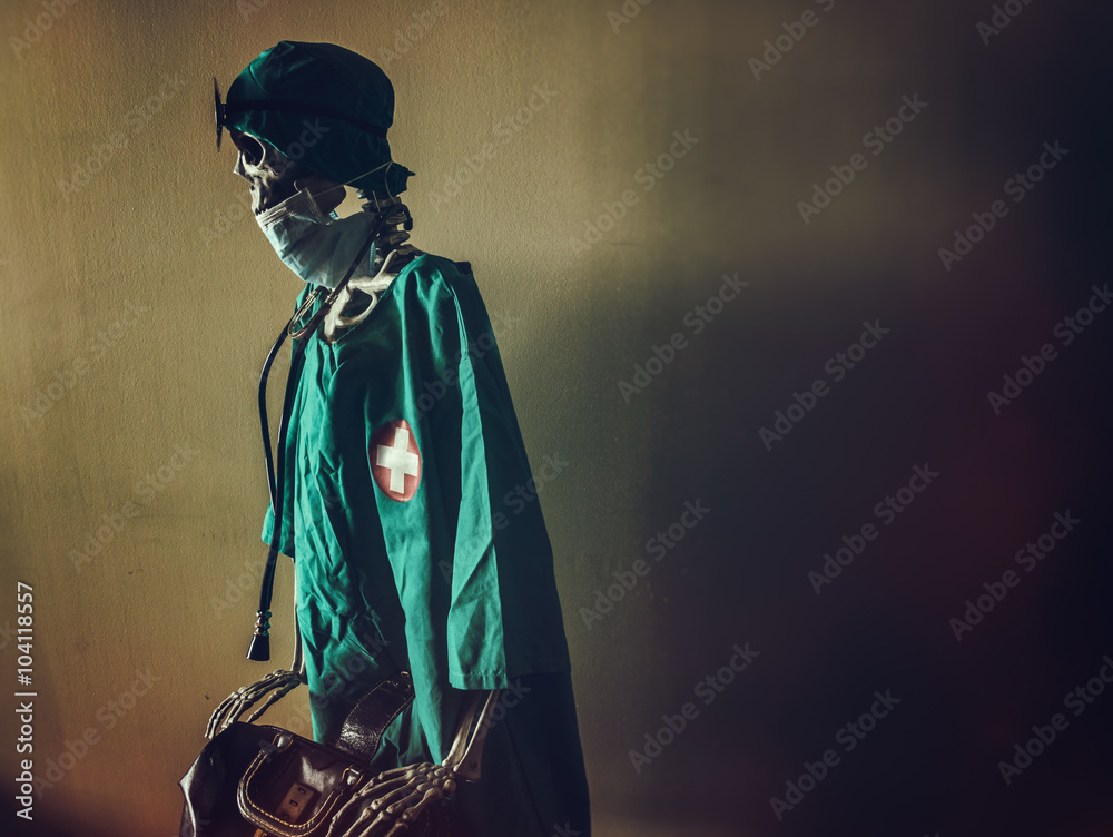 Skeleton Doctor Side. A skeleton in doctor scrubs, hospital attire ...