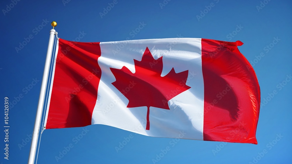 Canada flag waving in slow motion against blue sky, seamlessly looped ...