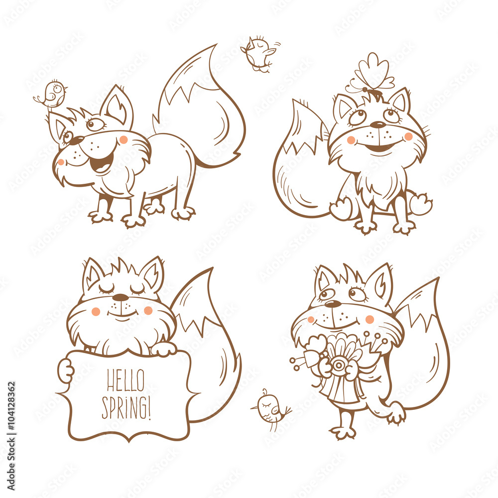 Spring cartoon funny fox set. Flowers, butterflies and birds. Vector ...