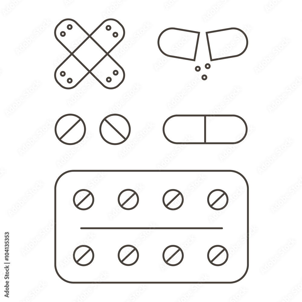 Pills and medicines outline icons set isolated on white background ...