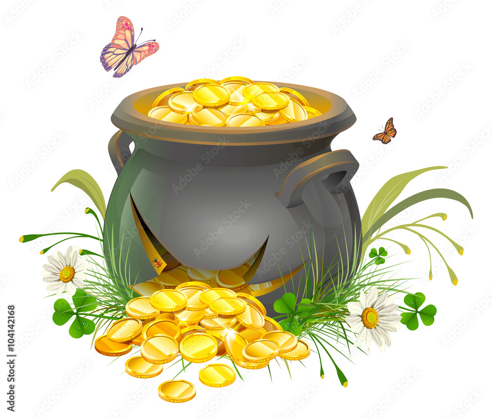 Pot with gold split. Cracked pot of treasure. Cauldron of gold on grass ...