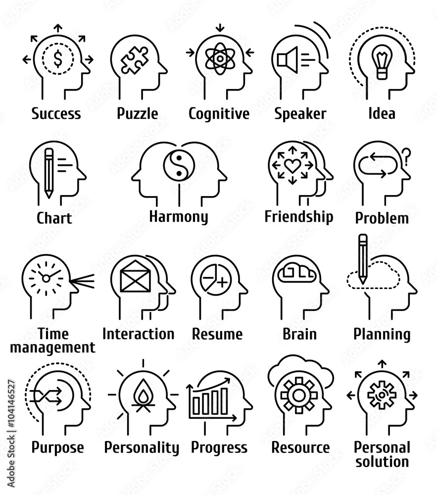 Stroke line pictogram icons set of human brain working, feelings and ...
