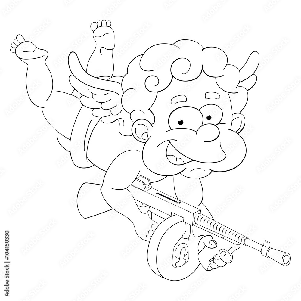 Funny little cupid with magic submachine gun to make mass falling in ...