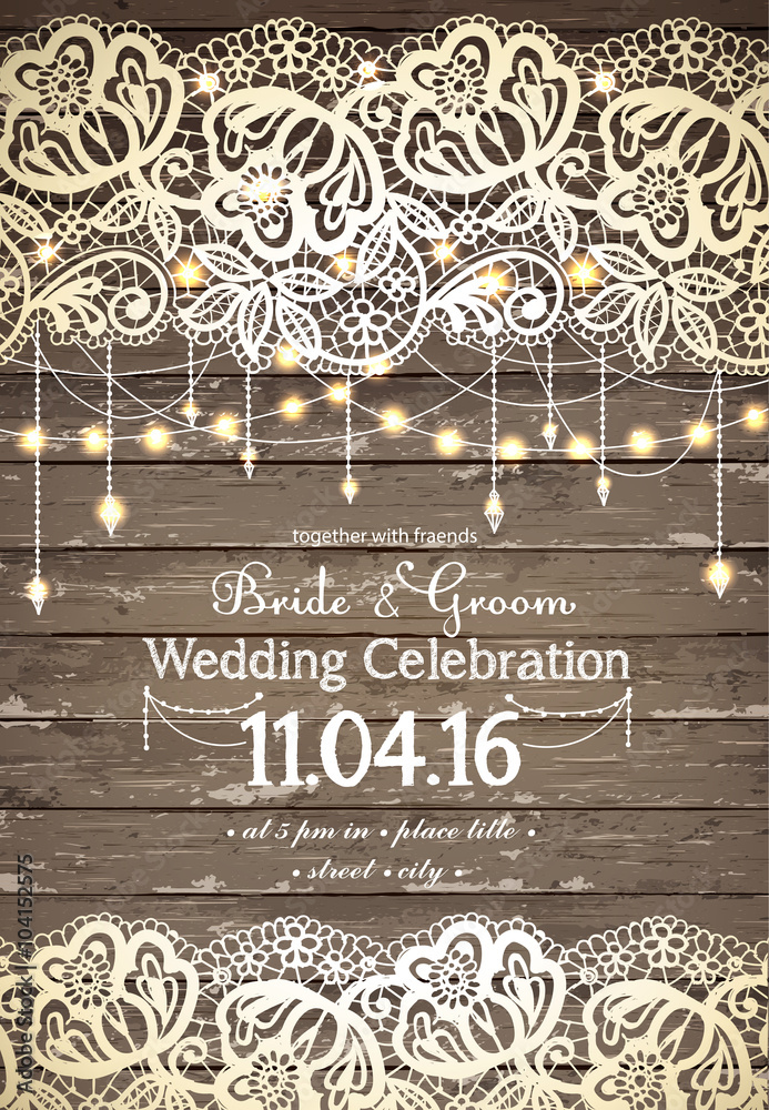 Wedding invitation card. Beautiful lace with decorative lights for ...