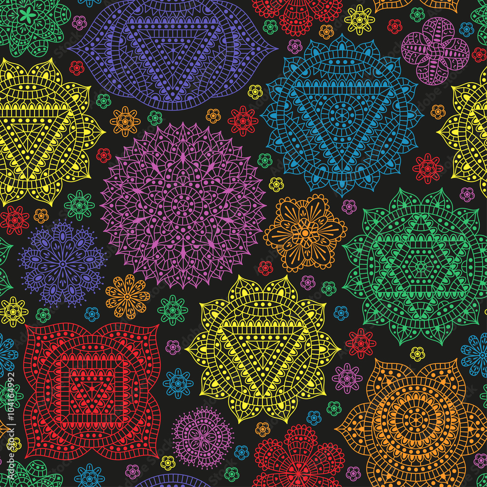 Seamless pattern with seven chakras and flowers. Oriental ornaments for ...