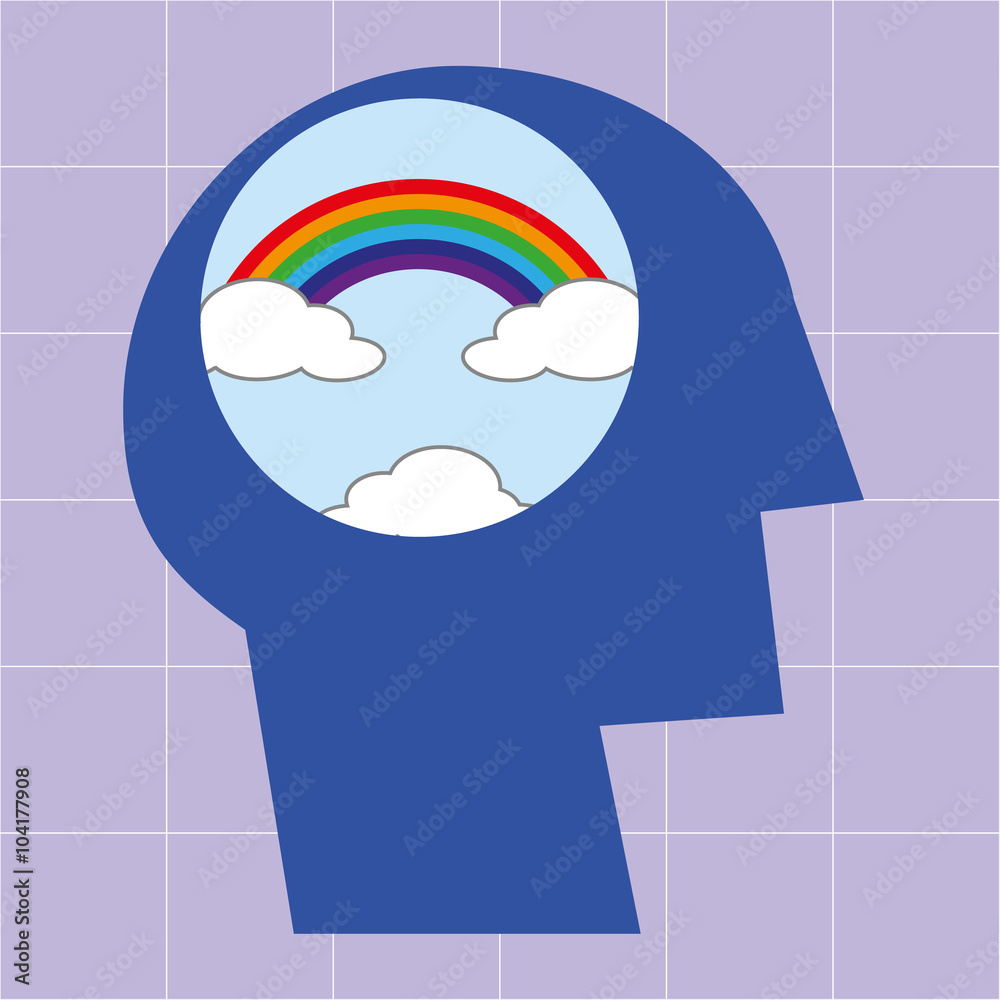 Stylized human head in profile with a rainbow and clouds in the brain ...