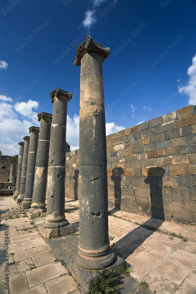 Syria. Bosra. The remains of the Roman baths - basalt columns. This ...