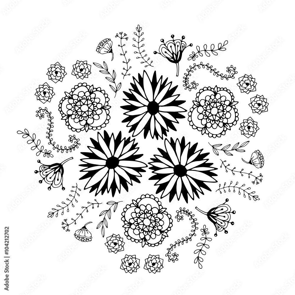 Abstract floral circle with doodle flowers. Round zentangle for ...