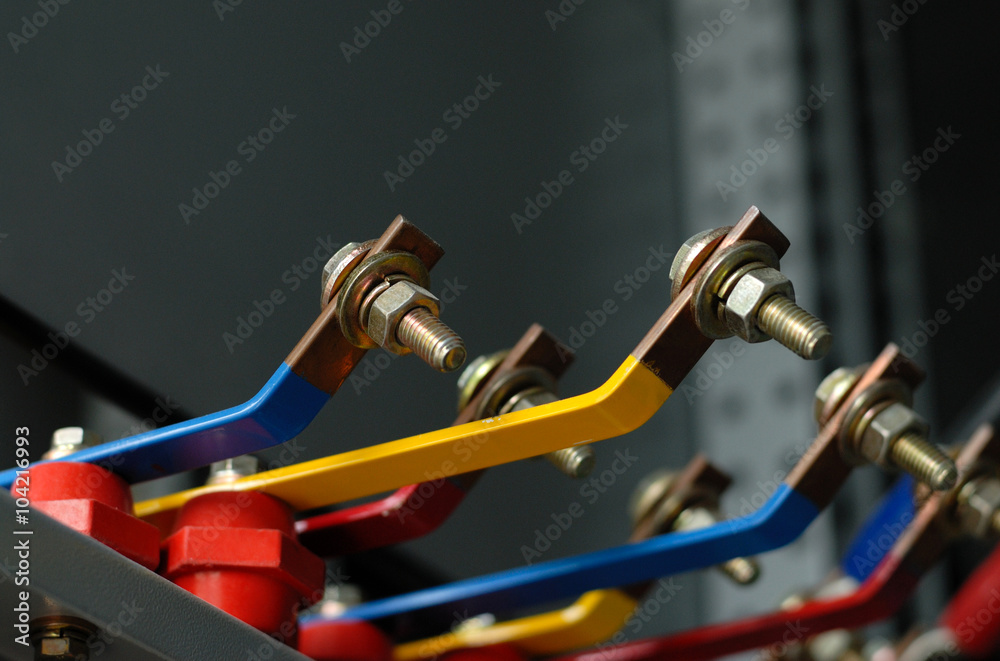 Copper busbar and screw part of an distribution panel Stock Photo ...