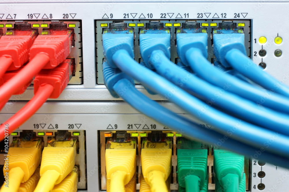 ethernet cables are connected to powered on network switch Stock Photo ...