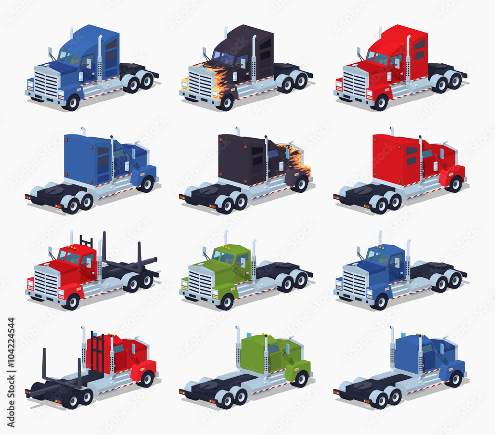 Collection of heavy trucks. 3D lowpoly isometric vector illustration ...