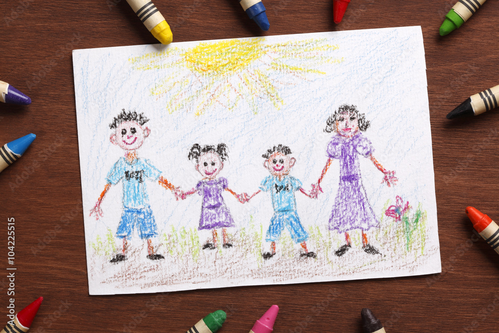 Children crayon drawing of a happy family Stock Photo | Adobe Stock