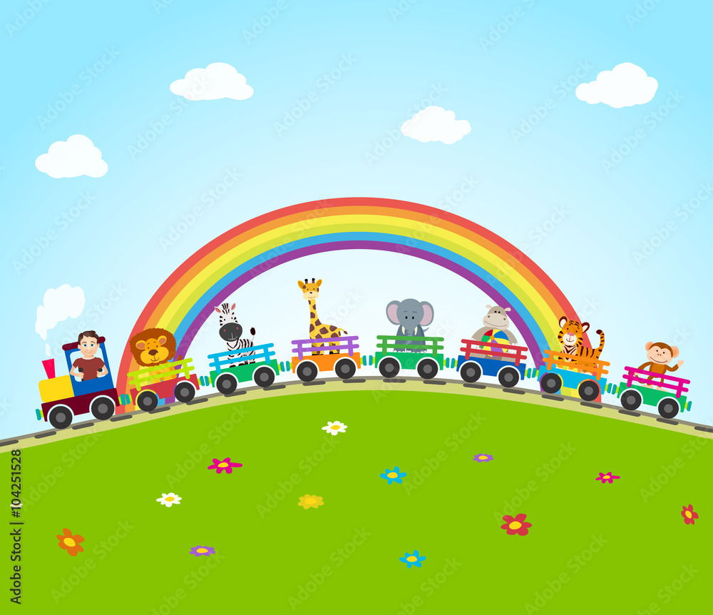 cartoon train on railroad with jungle animals and rainbow Stock Vector ...