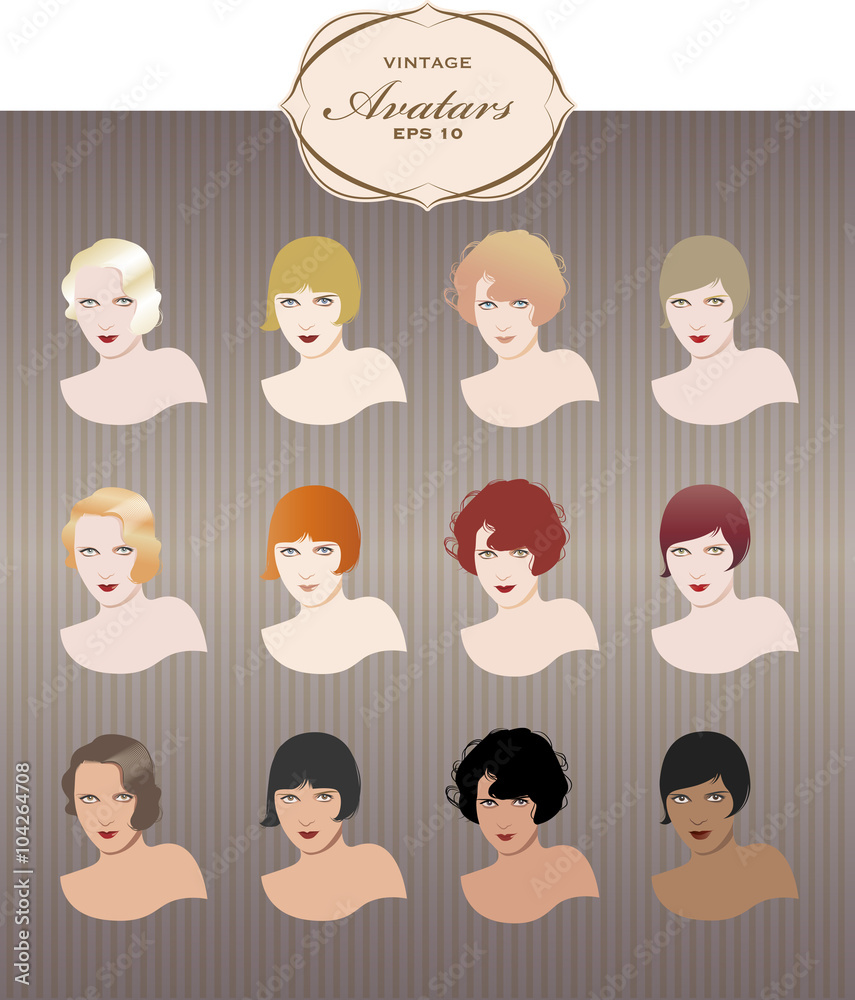 Vintage Girls Avatars Set Stock ベクター | Adobe Stock