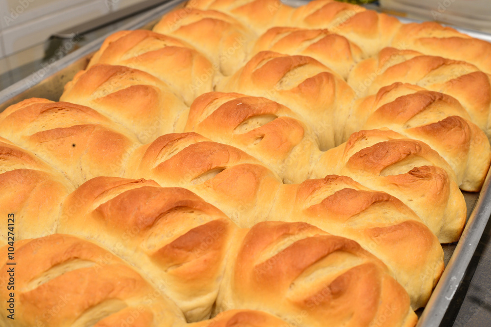 Loaf of brad made in homemade oven. Photo of full bread board Stock ...