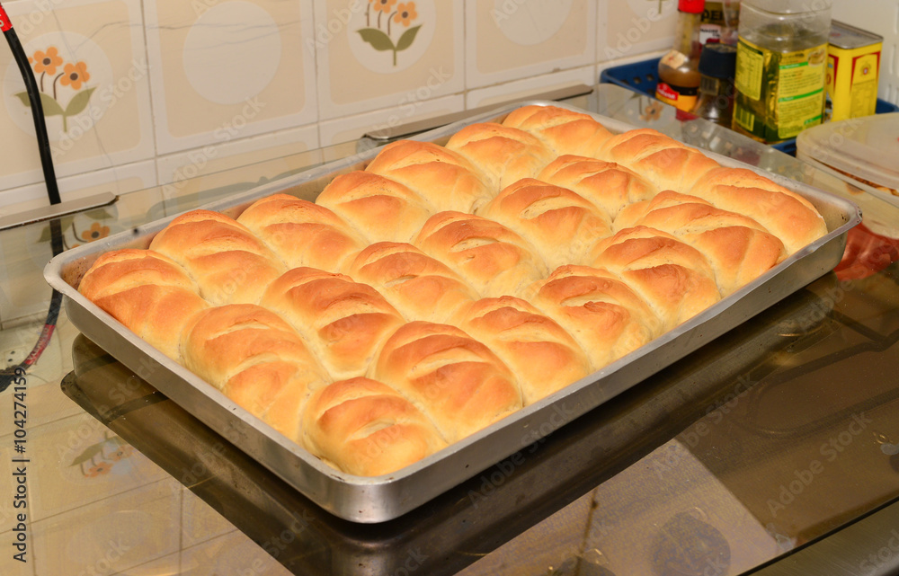 Loaf of brad made in homemade oven. Photo of full bread board Stock ...
