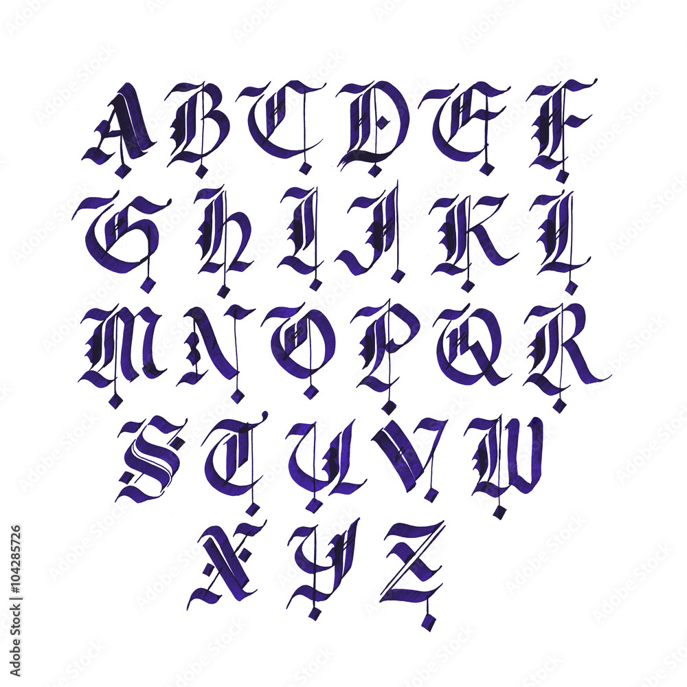 Hand drawn gothic ink pen font. Capital letters on white background ...