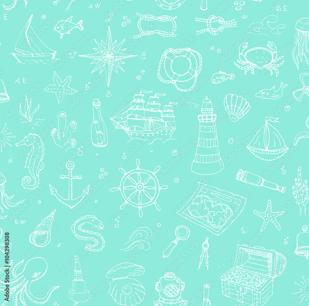 Seamless background hand drawn doodle Boat and Sea icons set Vector ...