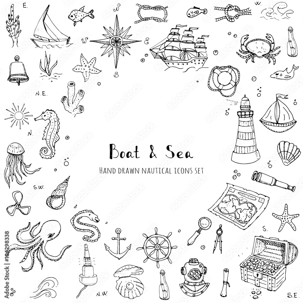 Fototapeta Hand drawn doodle Boat and Sea set Vector illustration boat ... Fototapeta Hand drawn doodle Boat and Sea set Vector illustration boat ...