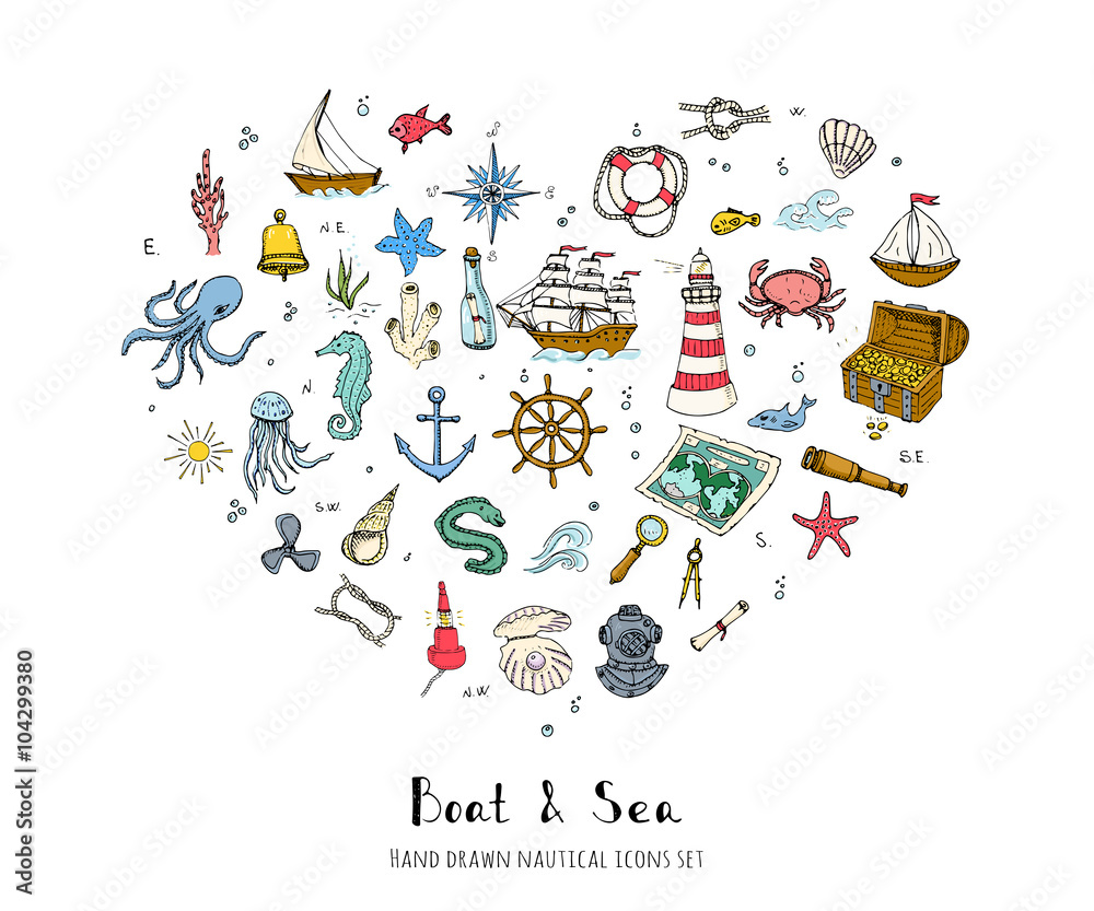 Hand drawn doodle Boat and Sea set Vector illustration boat icons sea ...