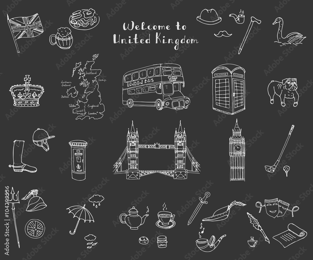 Hand drawn doodle United Kingdom set Vector illustration UK icons ...
