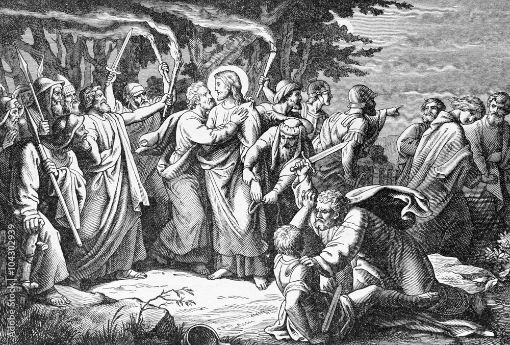 The arresting of Jesus in Gethsemane garden lithography Stock Photo ...