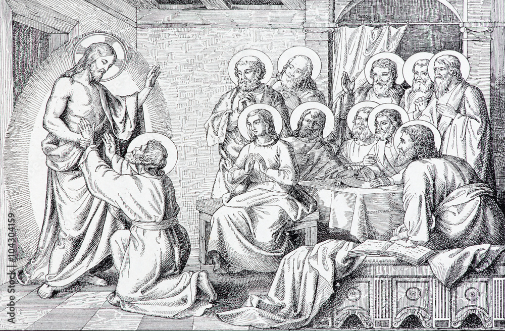 The Apparition of resurrected Jesus to apostle lithography Stock ...