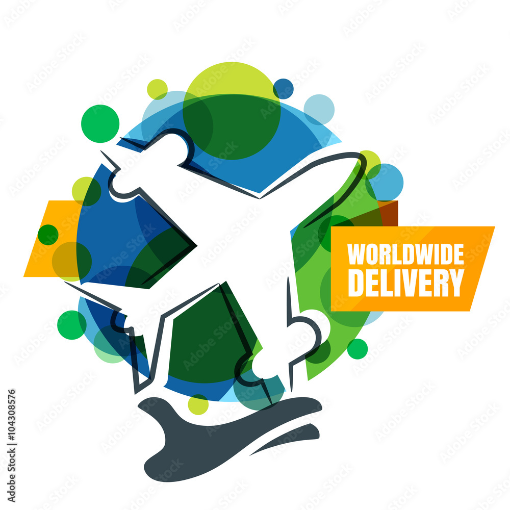 Worldwide delivery icon. Flight airplane silhouette, green globe on ...
