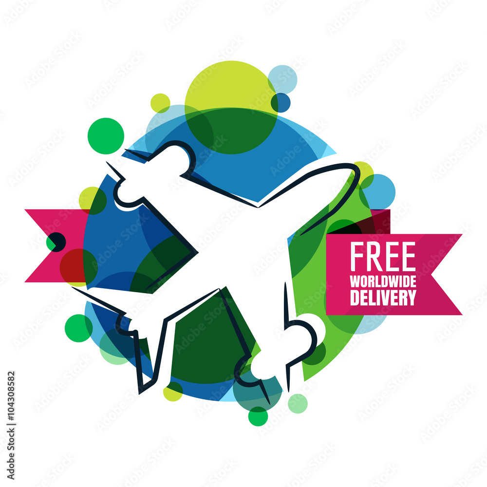 Free worldwide delivery icon. Flight airplane silhouette, green globe ...