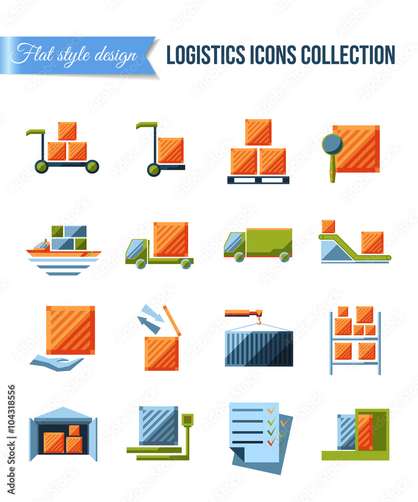 Set of delivery and logistics systems flat icons with shipment ...