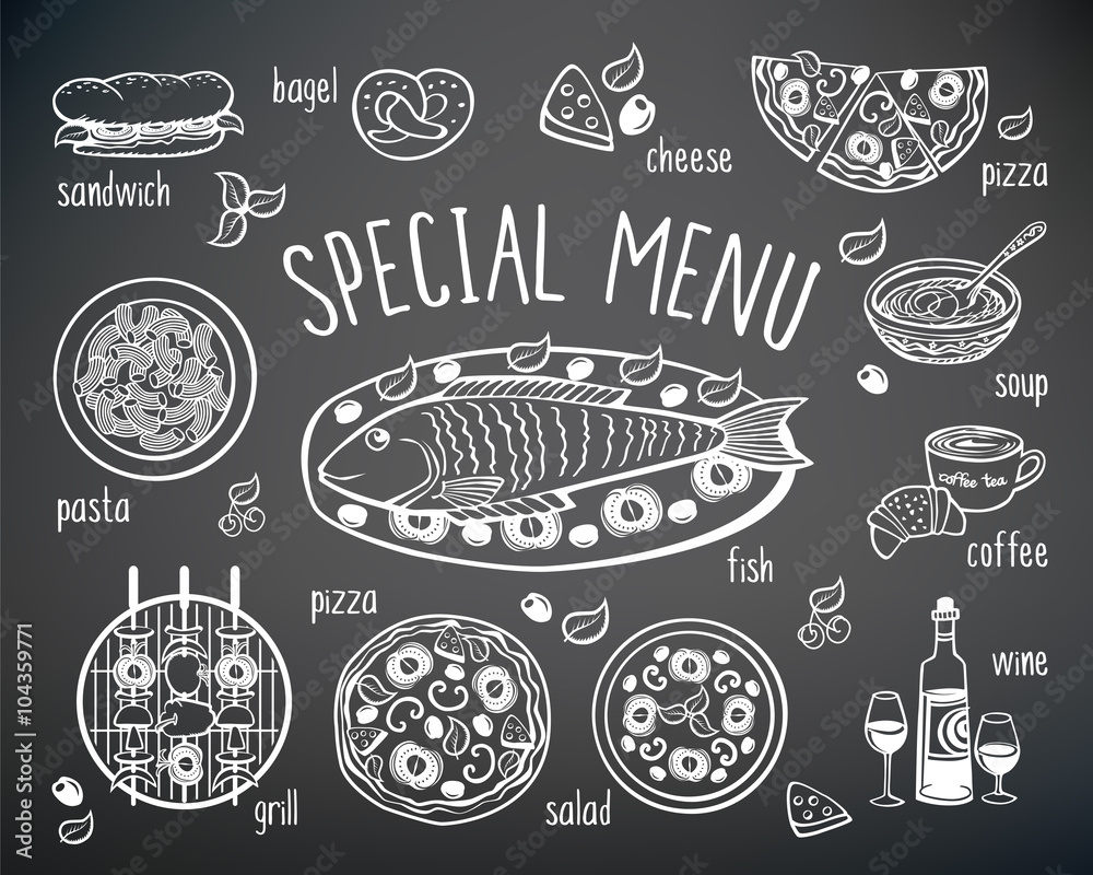 Set of elements for restaurant, cafe menu. Hand drawing with chalk on ...