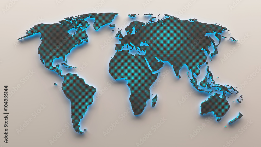 Poster 3d perforated plate mesh World map with cyan light – Wall Art ...