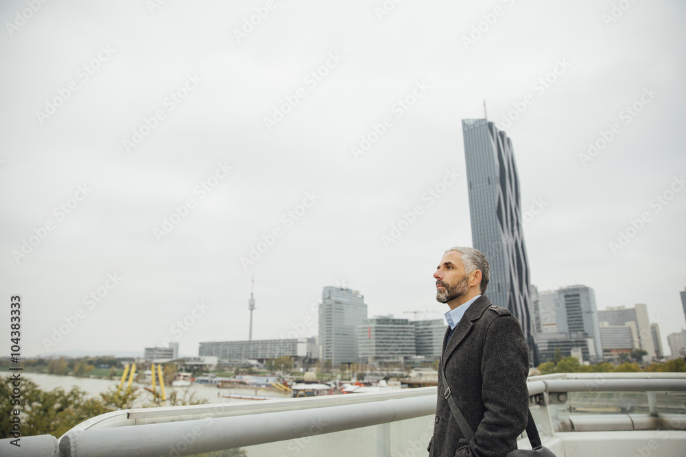 Austria, Vienna, businessman standing on Reichsbruecke in front of DC ...